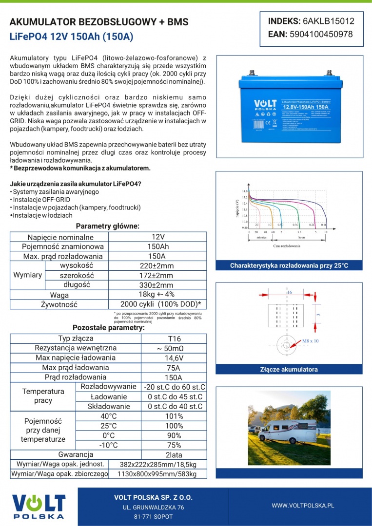 AKUMULATOR LiFePO4 12V 150Ah 150A + BMS > Volt Polska